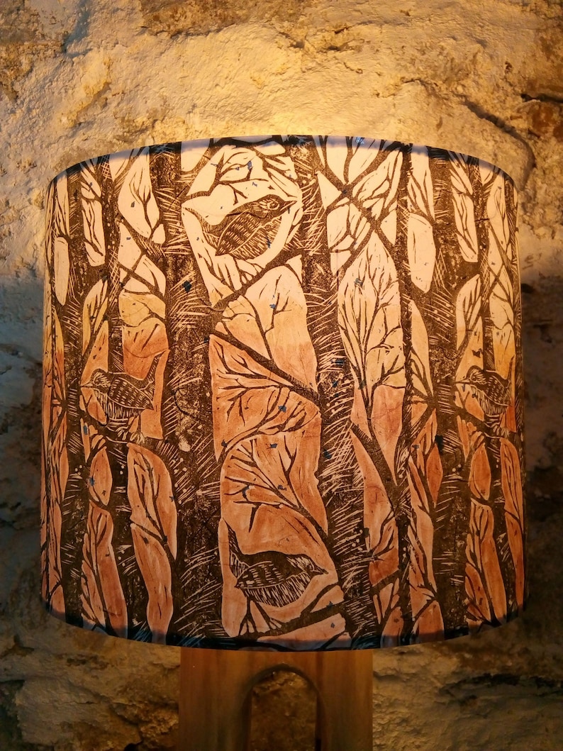 Hand Made Lampshade,welsh Wren and Tree Design,gold and Silver Fleck ...