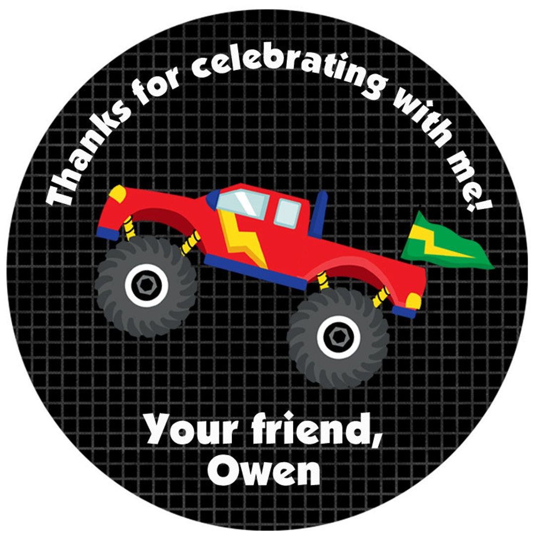 Monster Truck Birthday Sticker Party Favor Tag Monster Truck Sticker ...