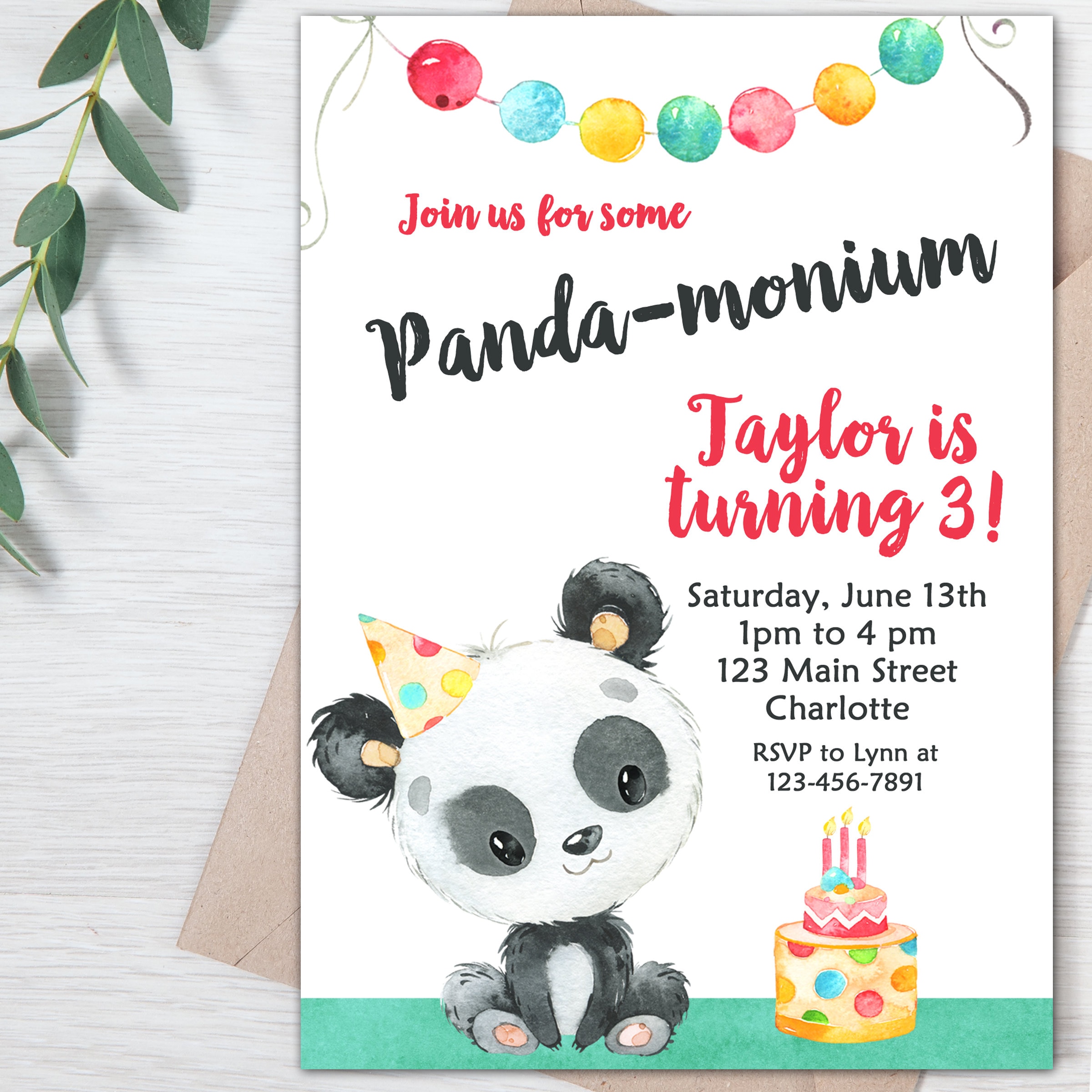 Panda Birthday Party Invitation Panda Bear Birthday Panda | Etsy