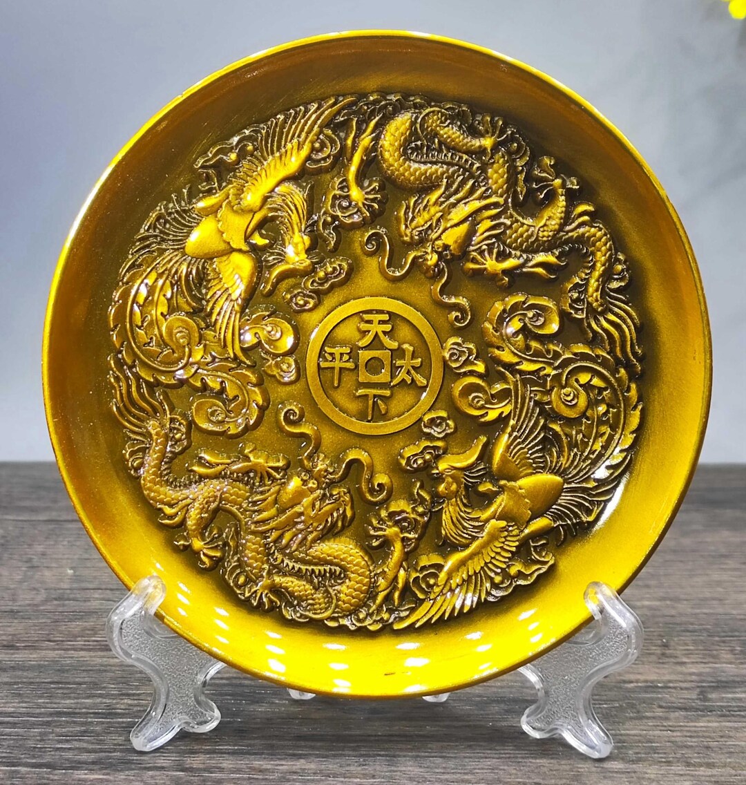 Vintage Brass Carved Dragon Phoenix Plate, Home Decortion, Feng Shui ...