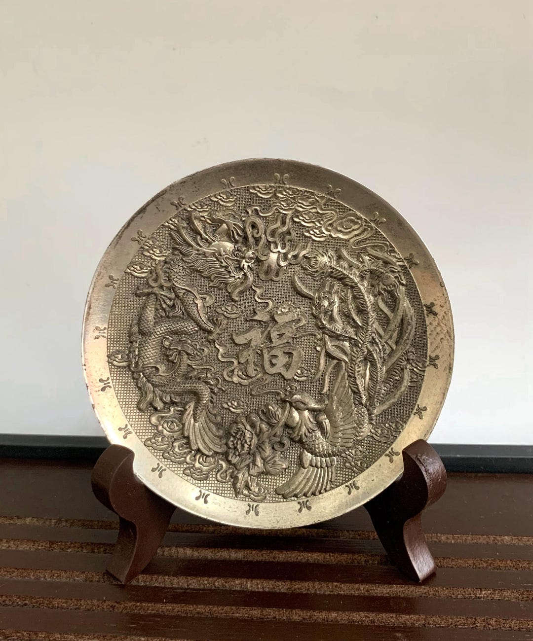 Vintage White Copper Carved Dragon and Phoenix Plate, Home Decortion ...