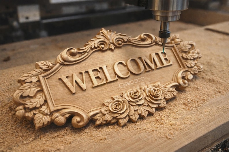 CNC File & 3D Printing – Floral Welcome Sign – 3D Relief for Door and ...