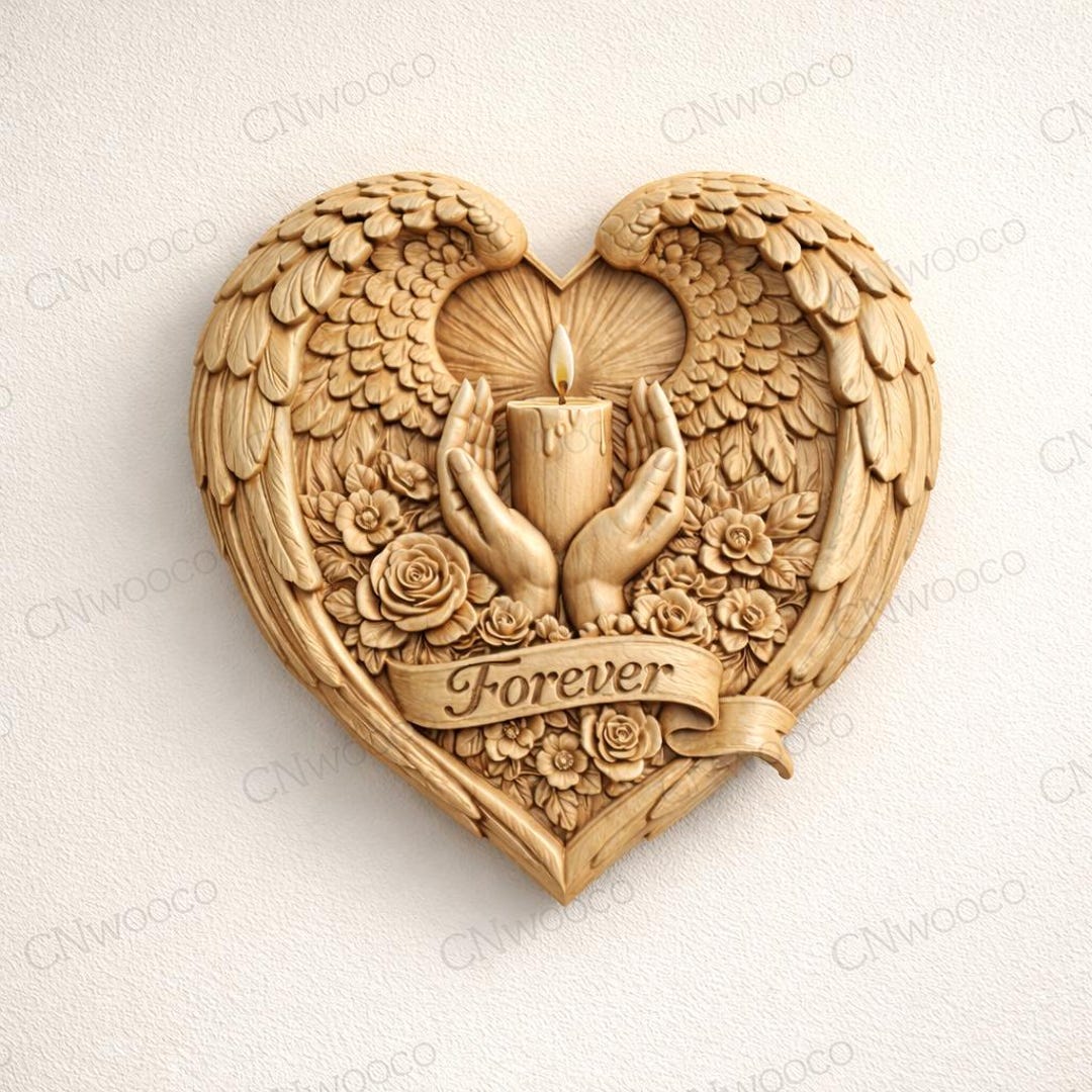 CNC File Heart Wings Angel Forever, Wooden Bas-relief Memorial, Wall ...