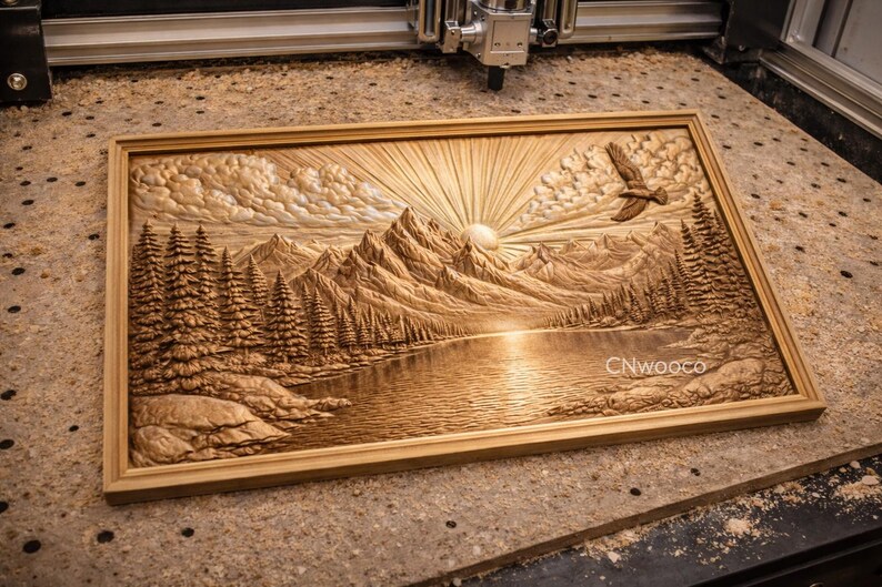 Fichier CNC Paysage Montagne Lac, Bas-relief Nature Bois, Décoration ...