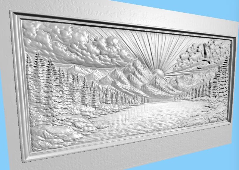 Fichier CNC Paysage Montagne Lac, Bas-relief Nature Bois, Décoration ...