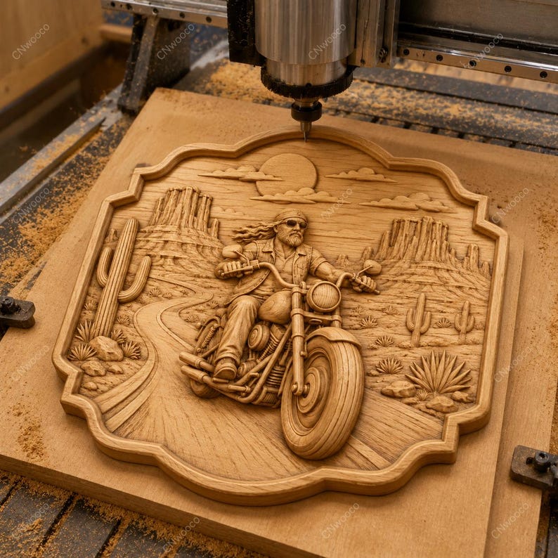 CNC & 3D Printed Motorcyclist on Desert Road With Cactus, Very High ...