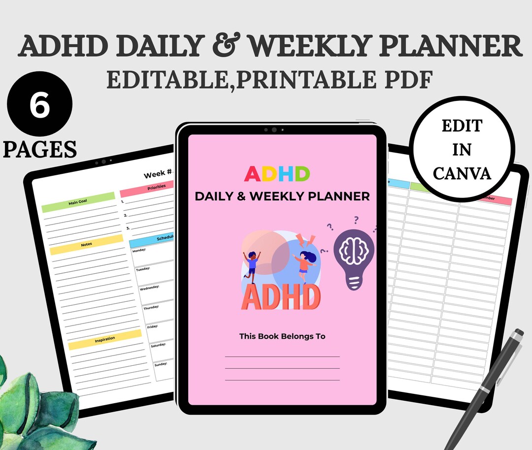 Editable ADHD Planner | Printable Daily and Weekly Organizer PDF | Focus and Routine Tracker ...