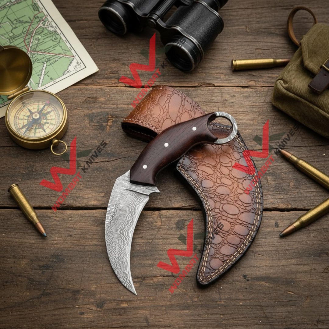 Handmade Damascus Steel Karambit Knife Rosewood Handle With Leather ...