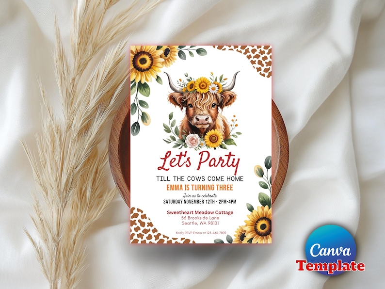 Editable Sunflower Cow Birthday Invitation | Highland Cow Party ...