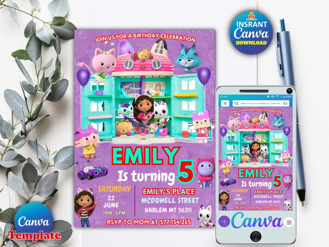 Gabbys Dollhouse Birthday Invitation | Editable Gabby's Kids Birthday ...