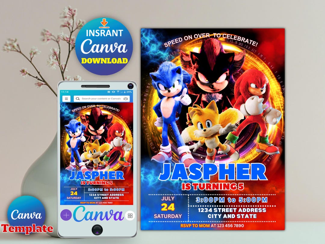 Invitación editable de Sonic 3, plantilla de cumpleaños de Sonic 3 ...