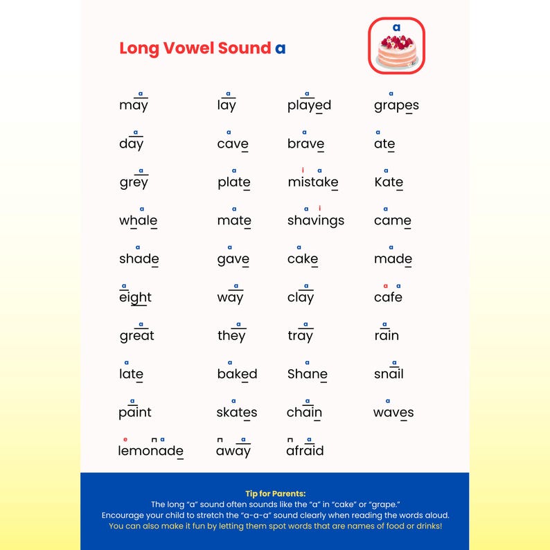 Long Vowel a Worksheet for Kindergarten - Etsy