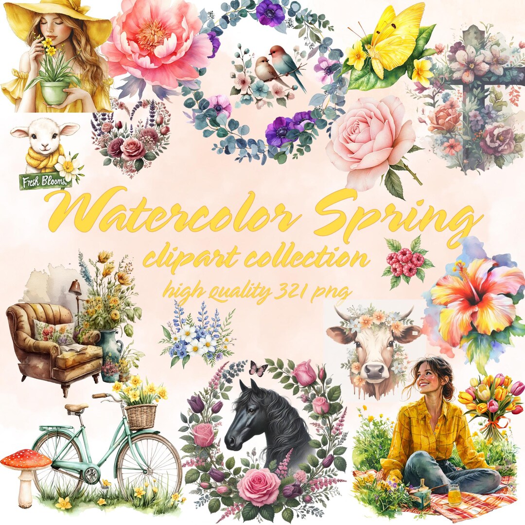 Watercolor Spring Clipart Bundle | 321 PNG Floral & Nature Graphics ...