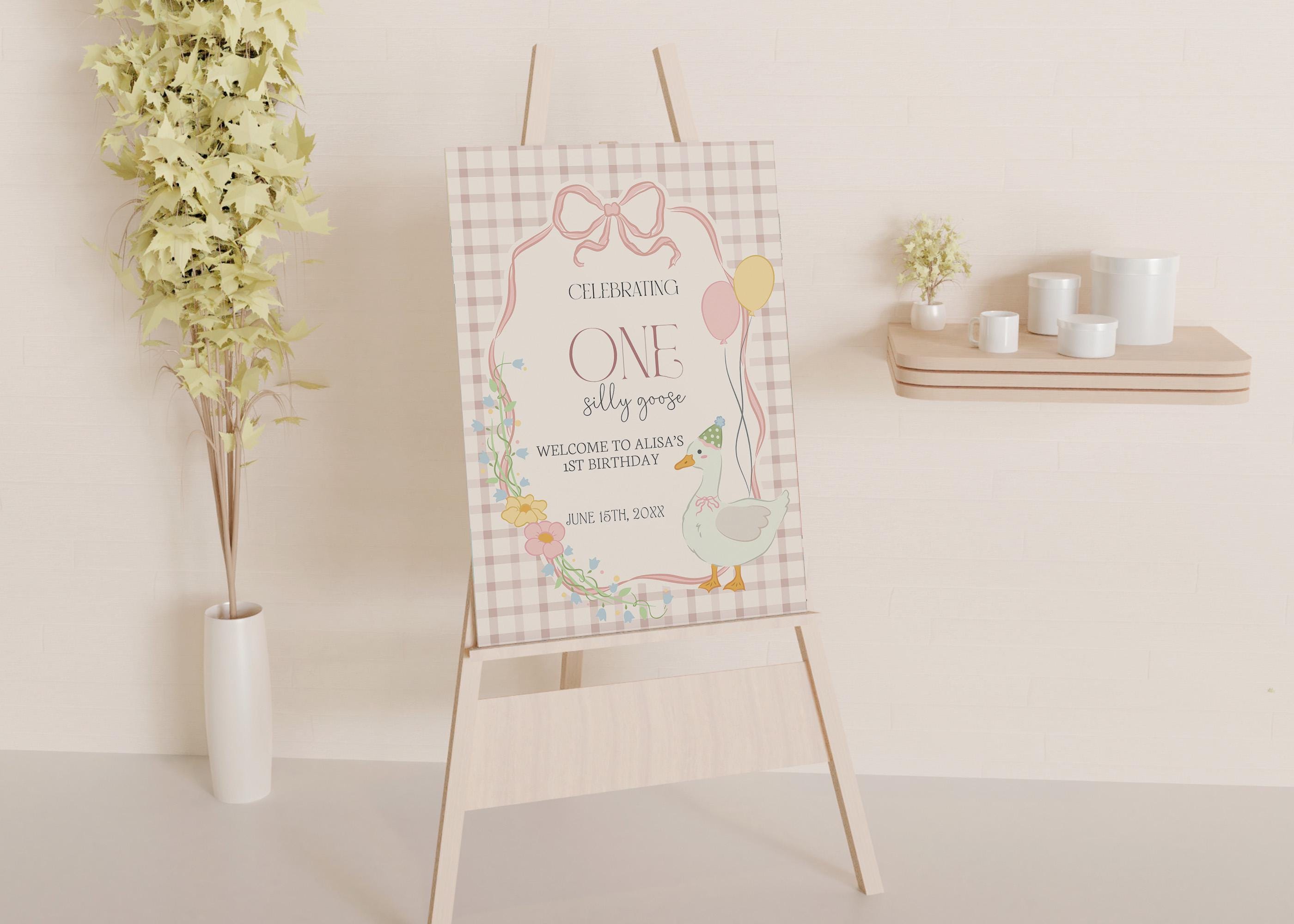 One Silly Goose Welcome Sign Template, Editable Girl Goose 1st Birthday ...