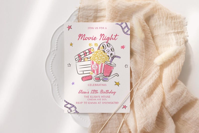 Hand Drawn Movie Night Invitation Template, Girls Movie Birthday ...