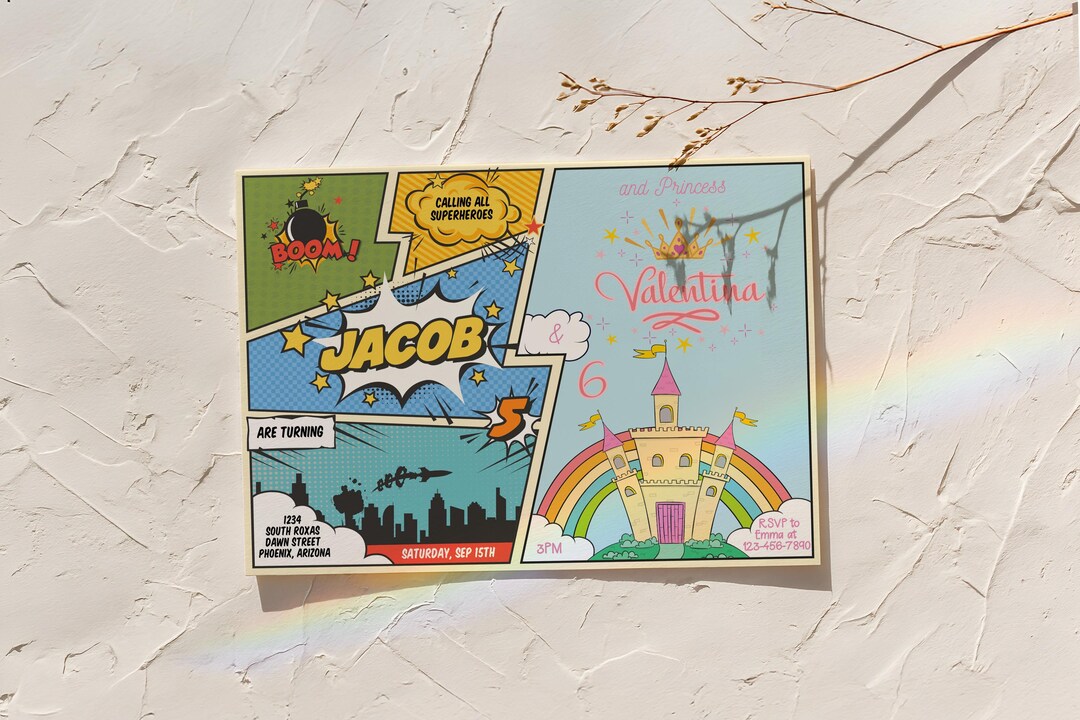 Superhero and Princess Birthday Invitation for Brothers, Princess ...