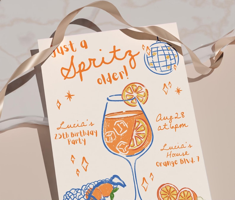 Spritz Birthday Party Invitation Template, Hand Drawn Aperol Spritz ...