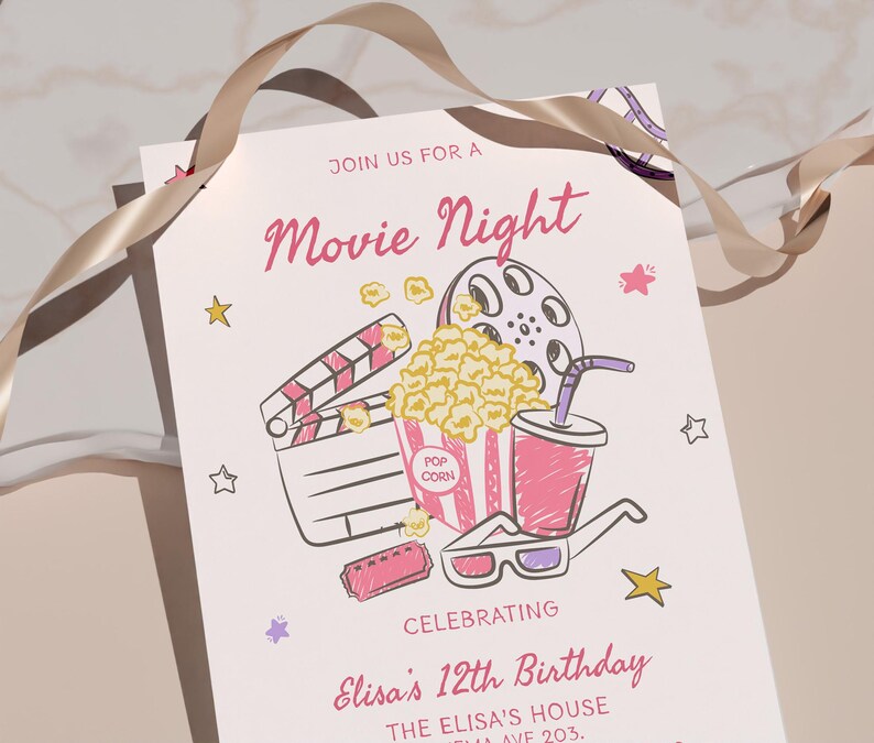 Hand Drawn Movie Night Invitation Template, Girls Movie Birthday ...
