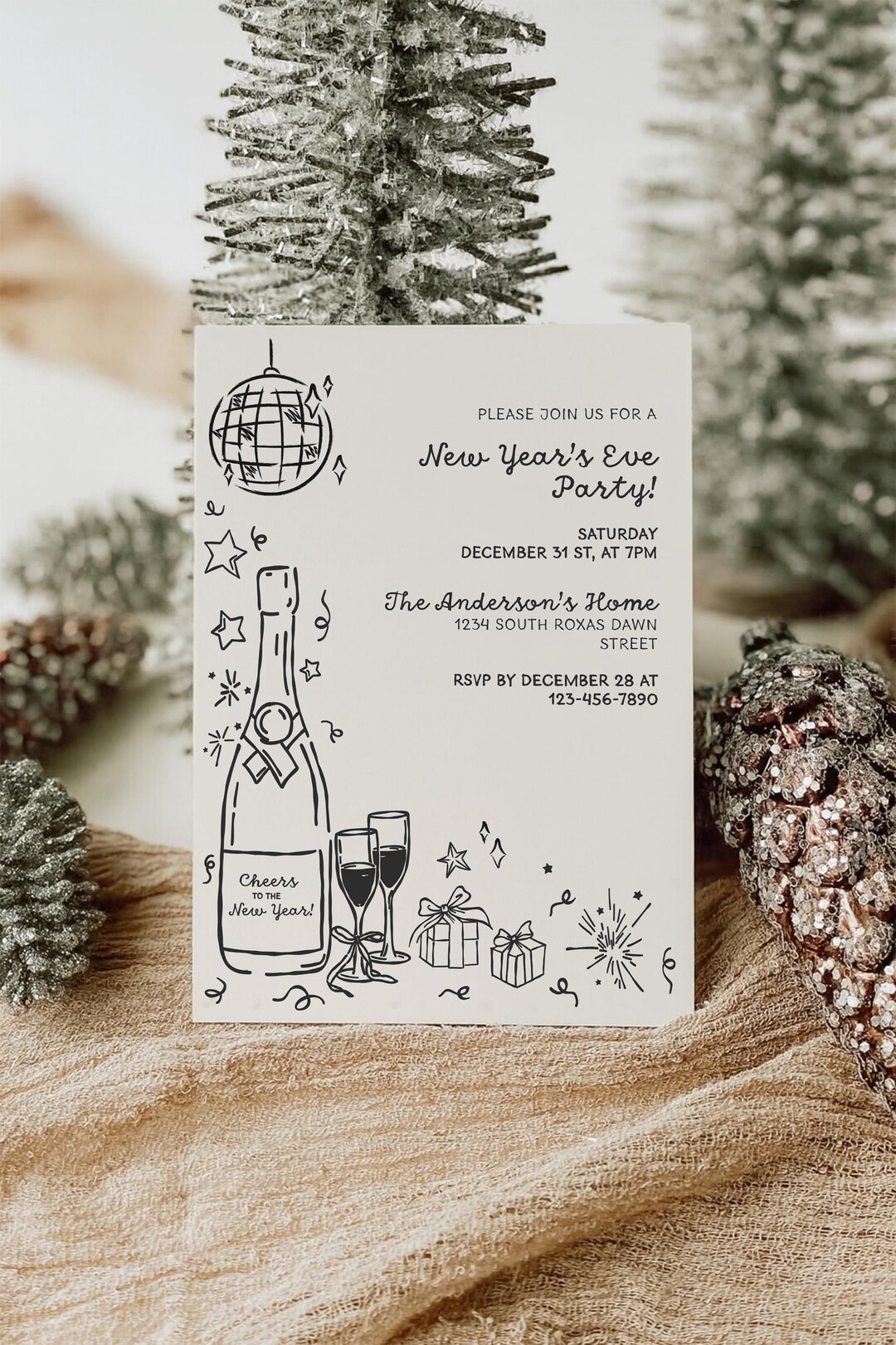 New Years Eve Party Invitation Hand Drawn, Editable New Year’s Eve ...