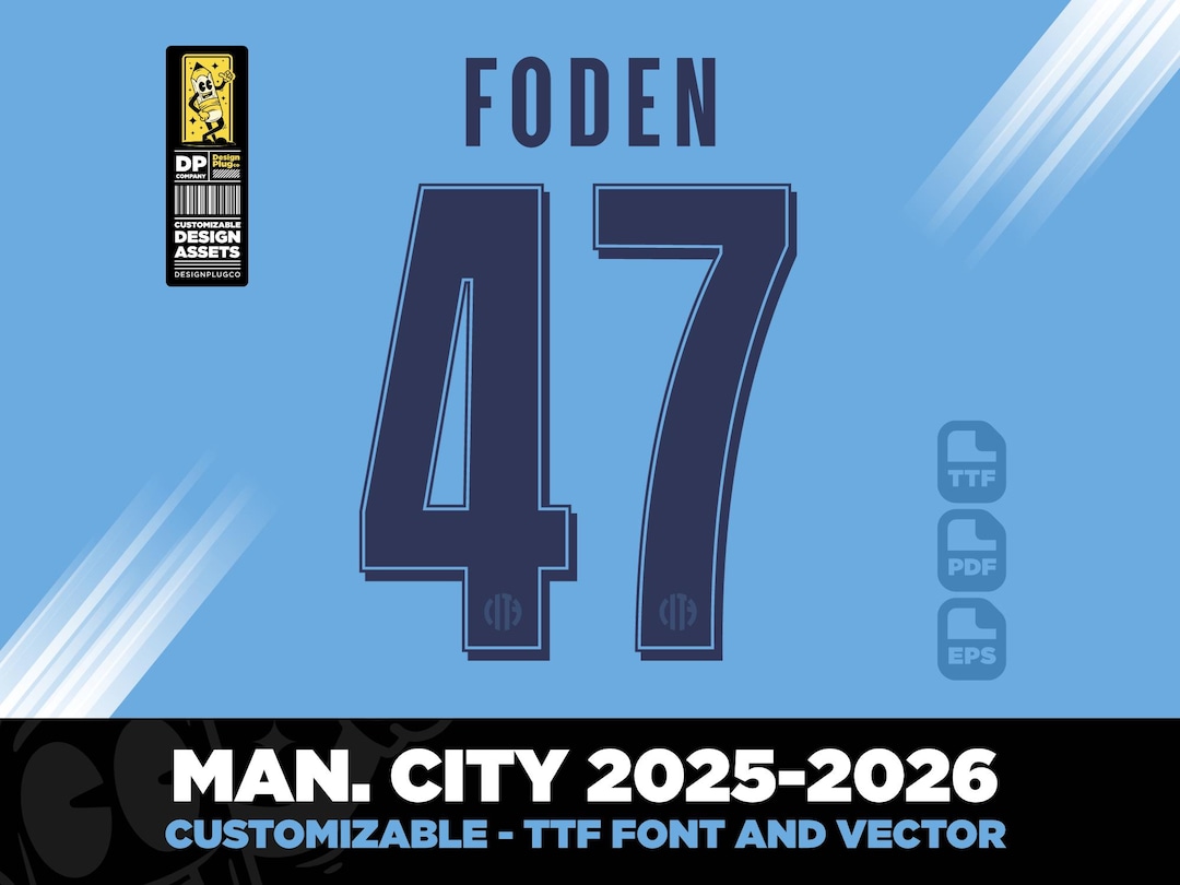Manchester City 25-26 Jersey Font Vector Ttf, Pdf, Eps, Phil Foden, Rodri, Dias, Ederson ...
