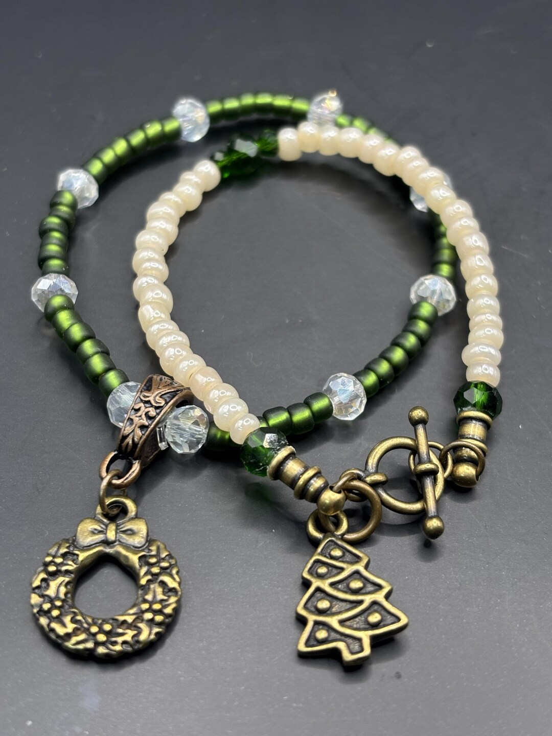 Christmas Bracelet Set, Wreath and Tree Brass Ox - Etsy