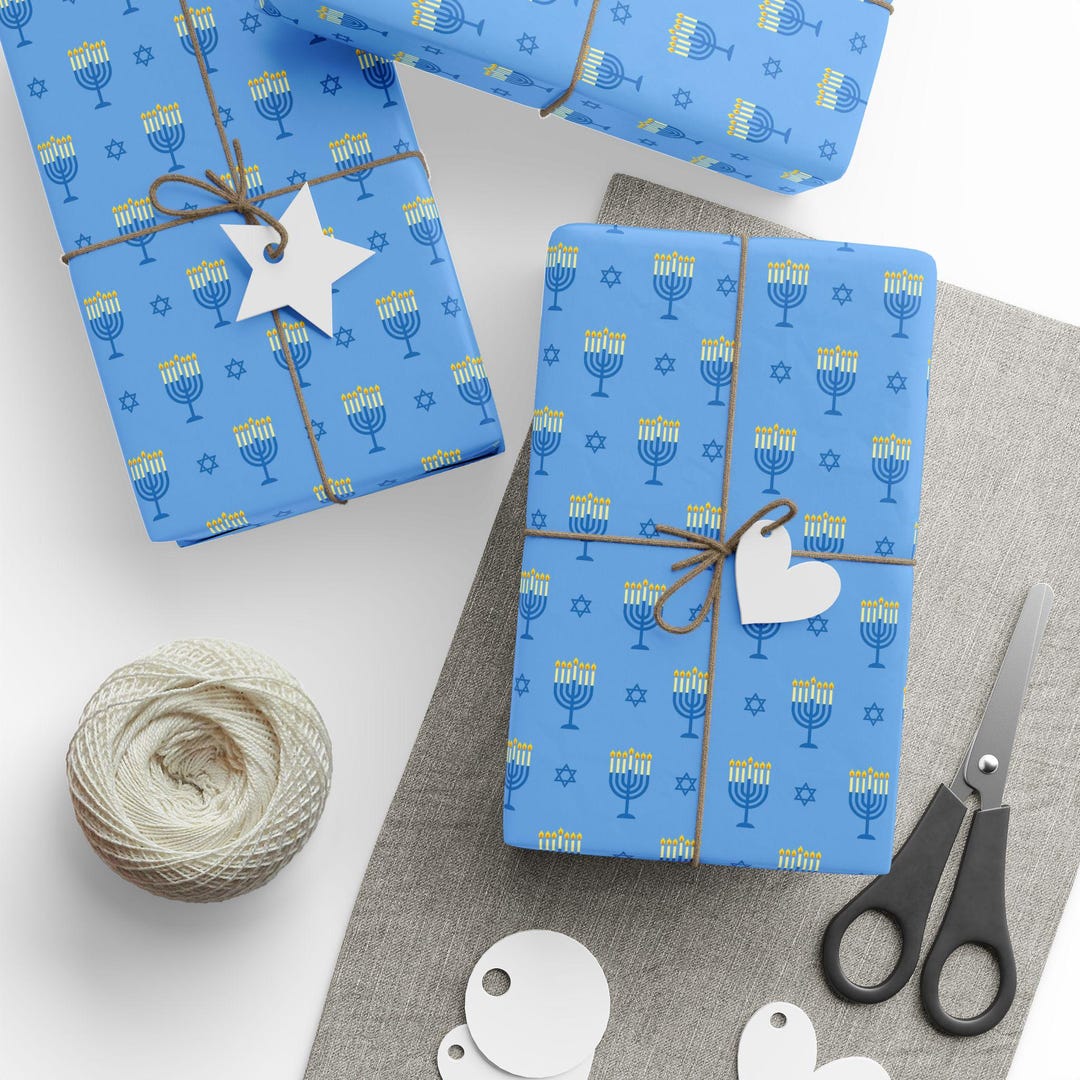 Hanukkah Menorah Wrapping Paper, Holiday Gift Wrap, Blue Pattern Gift ...