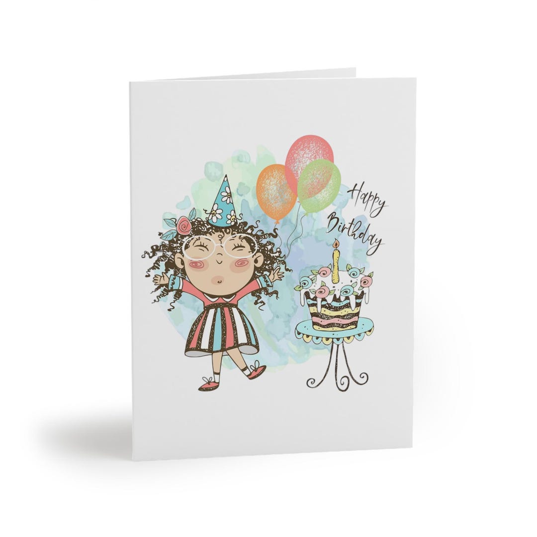 Cute Whimsical Birthday Card Set, Celebration Card, Fun Girl With Cake ...