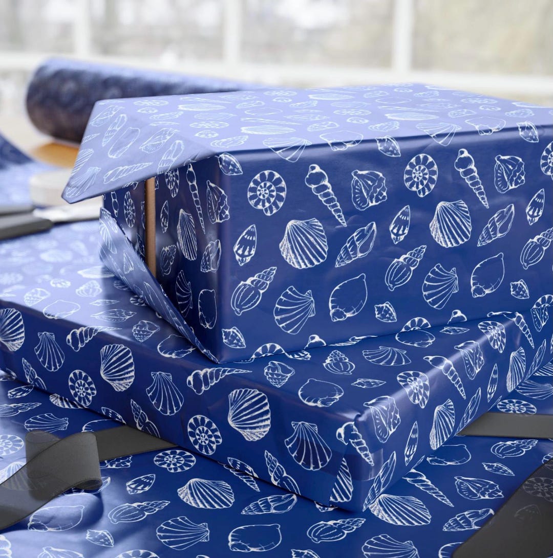 Blue Seashell Pattern Wrapping Papers ,nautical Beach Shells Gift Wrap ...