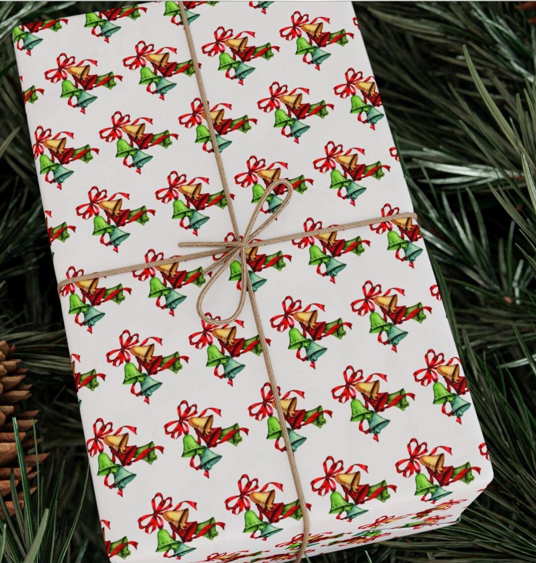 Retro Floral Christmas Gift Wrap, Christmas Bells Wrapping Paper ...