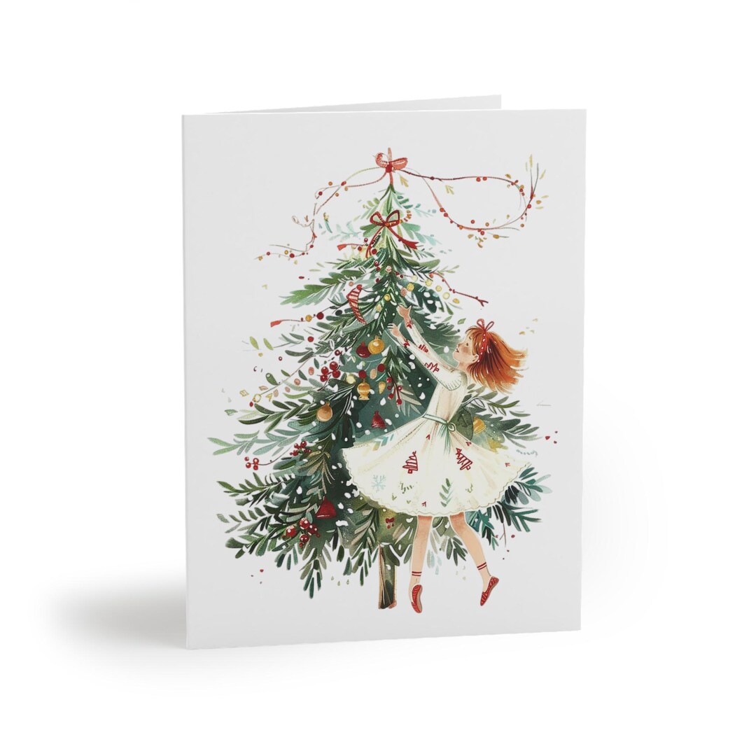 Girl Decorating Christmas Tree Note Card Sets, Holiday Cards, Whimsical ...