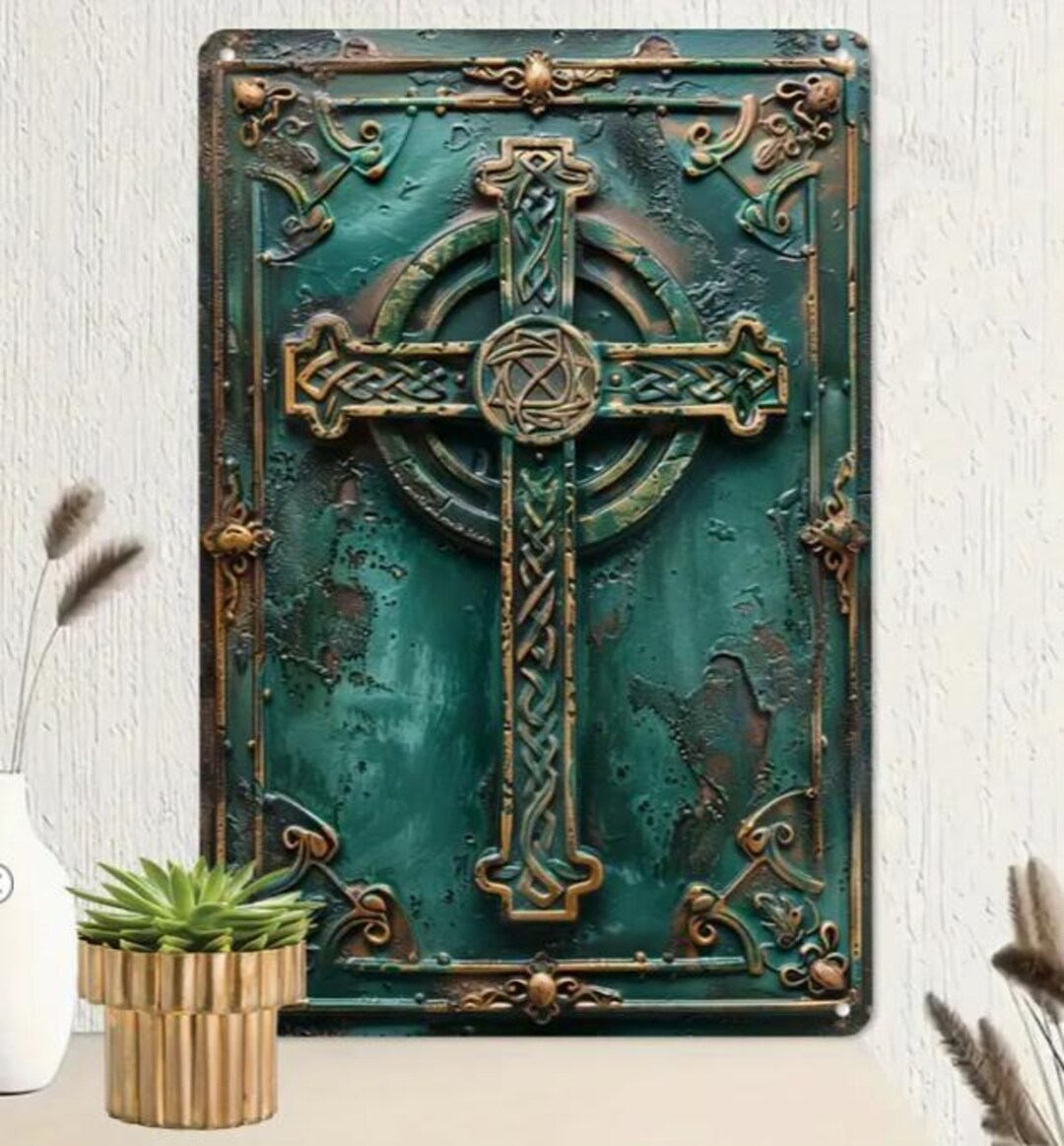 Celtic Cross Metal Wall Plaque: Teal Pentagram & Knotwork, Gothic Decor ...