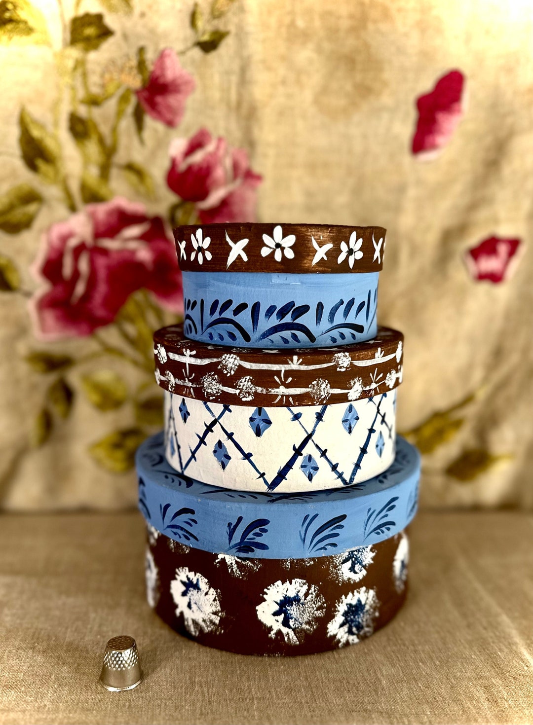 Band Box Set of Three Blue, Brown and White, Medium Small 6, 5 and 4 ...