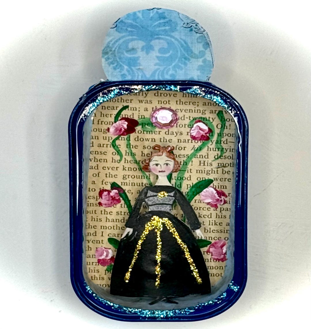 Shadowbox, Hand Painted Little Jane in Black Dress, Blue Tin, Red Hair ...
