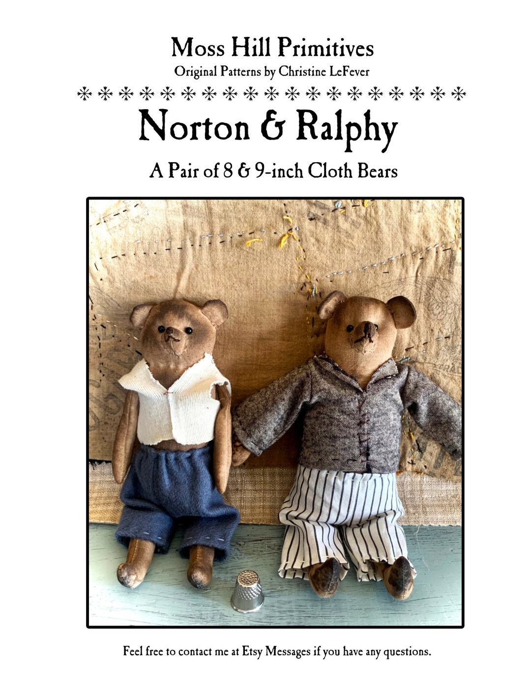 DIGITAL Pattern, Norton and Ralphy, A Pear of Primitive, 8 and 9 Inch Cloth Bears by Christine ...