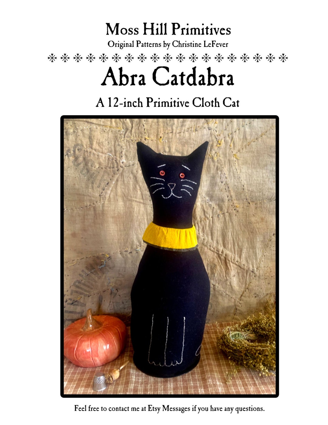 PRINTED, Pattern, Cat, Abra Catdabra, A 12-inch, Primitive, Cloth, Cat ...