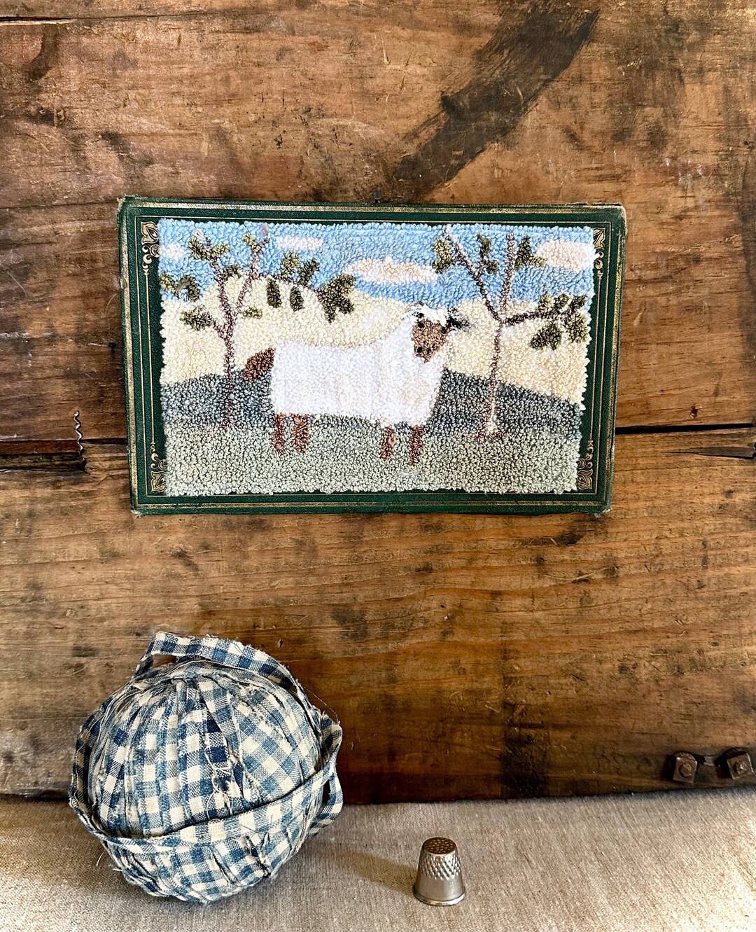 Punch Needle Sheep Picture on Antique Book Board 5x8 Inches by ...