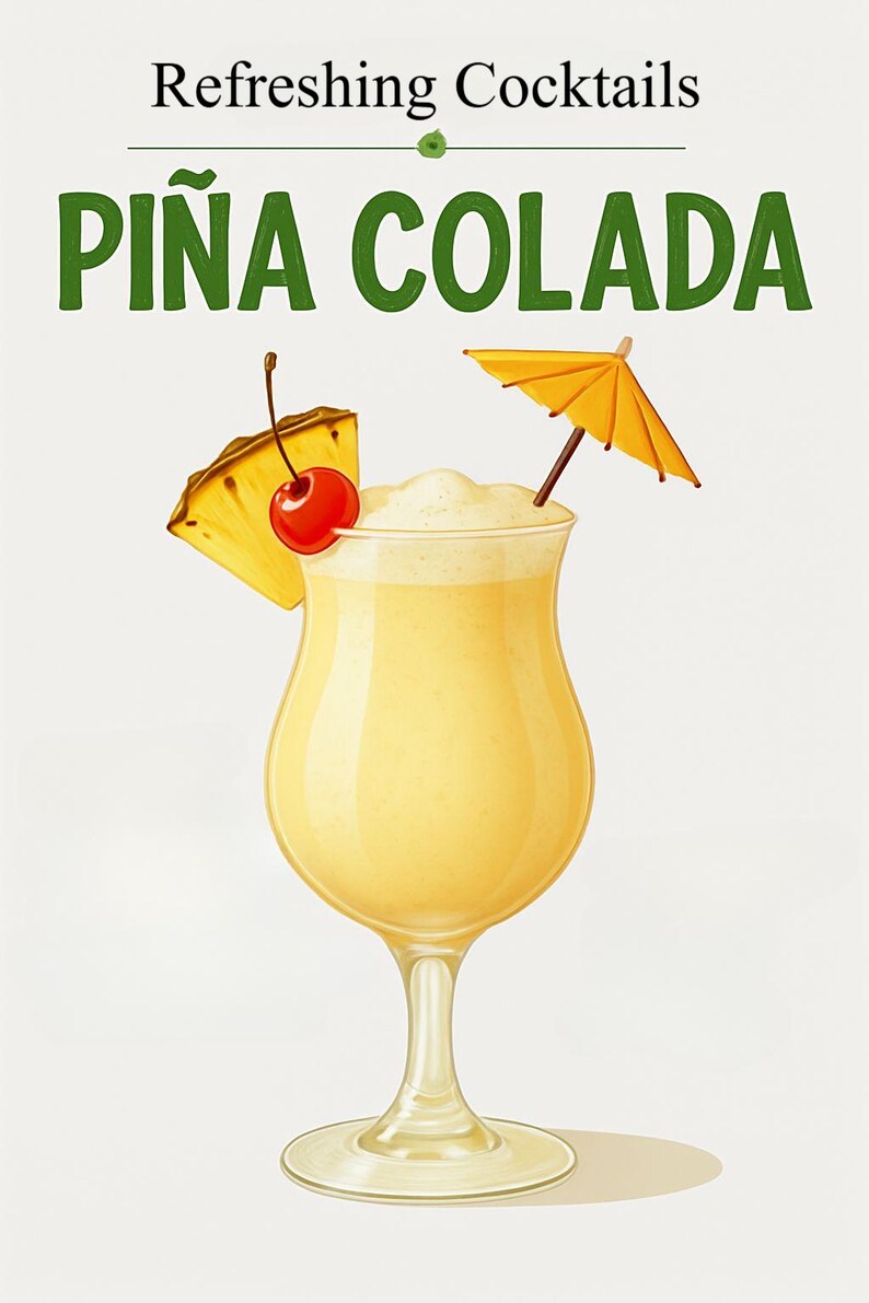 Tropical Cocktail Poster, Piña Colada Art Print, Refreshing Beverage ...