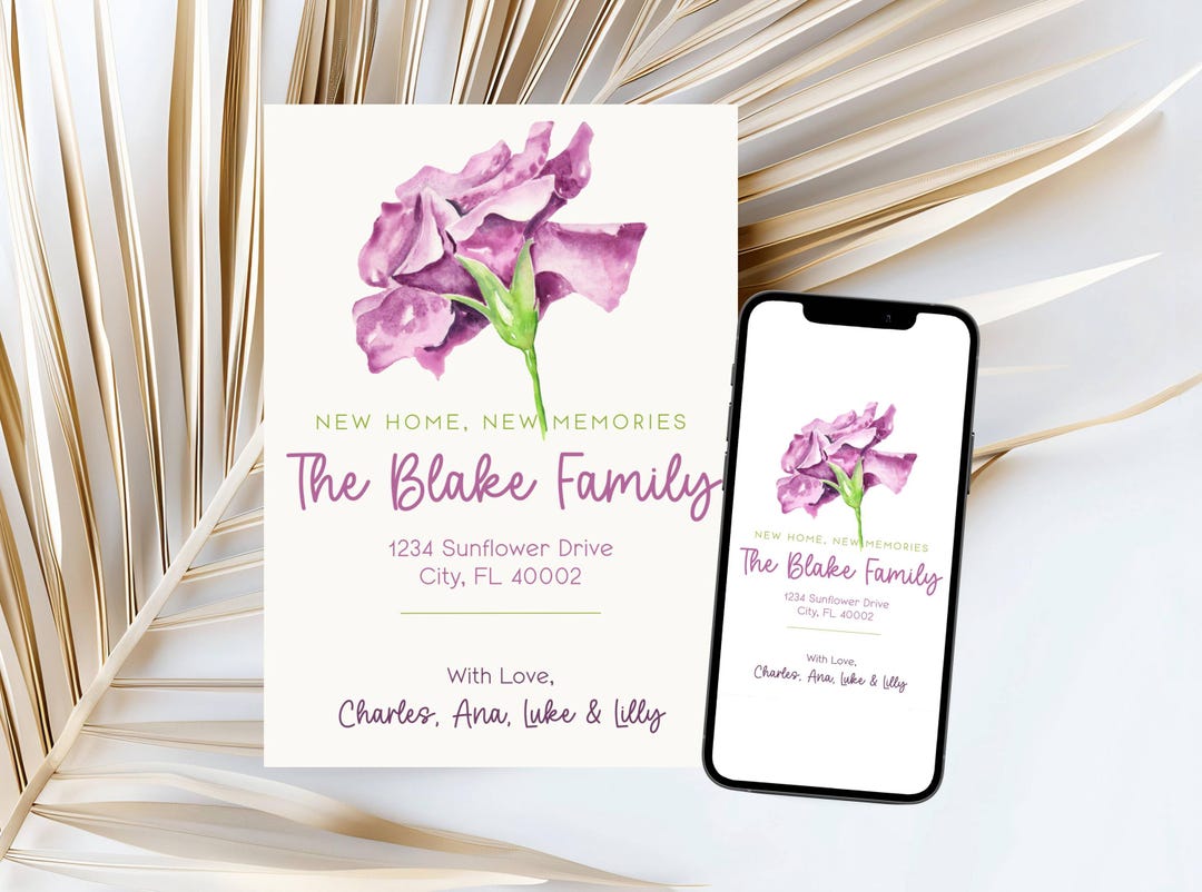 Elegant Purple Floral Change of Address Announcement Card for New Home ...