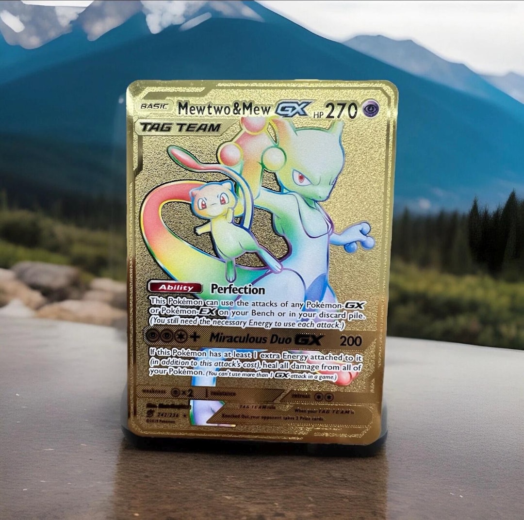 Mewtwo and Mew GX Tag Team Stainless Steel Gold Metal Pokemon Card ...