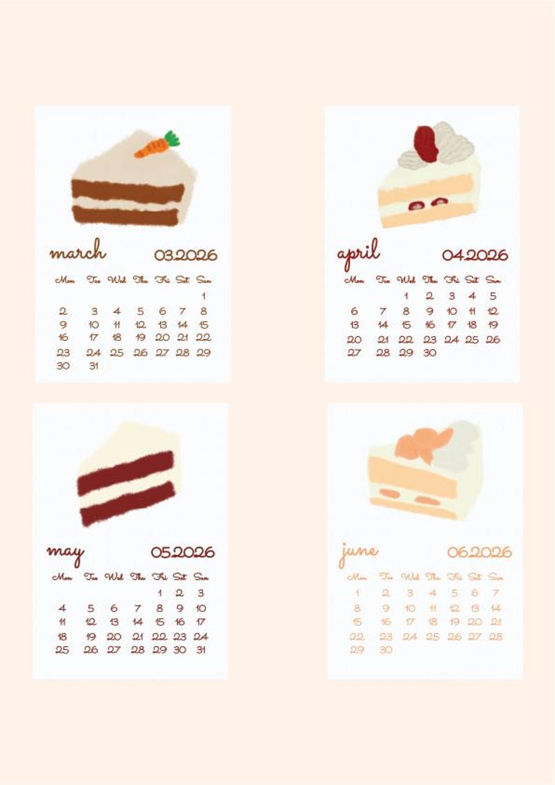 Printable 2026 Monthly Cake Calendar / A5 Size / PDF File Download - Etsy