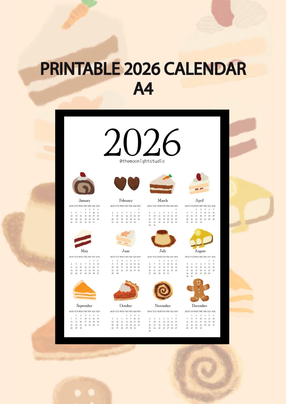 Printable 2026 Cake Calendar /one Page Calendar/ Size A4 PDF and PNG ...