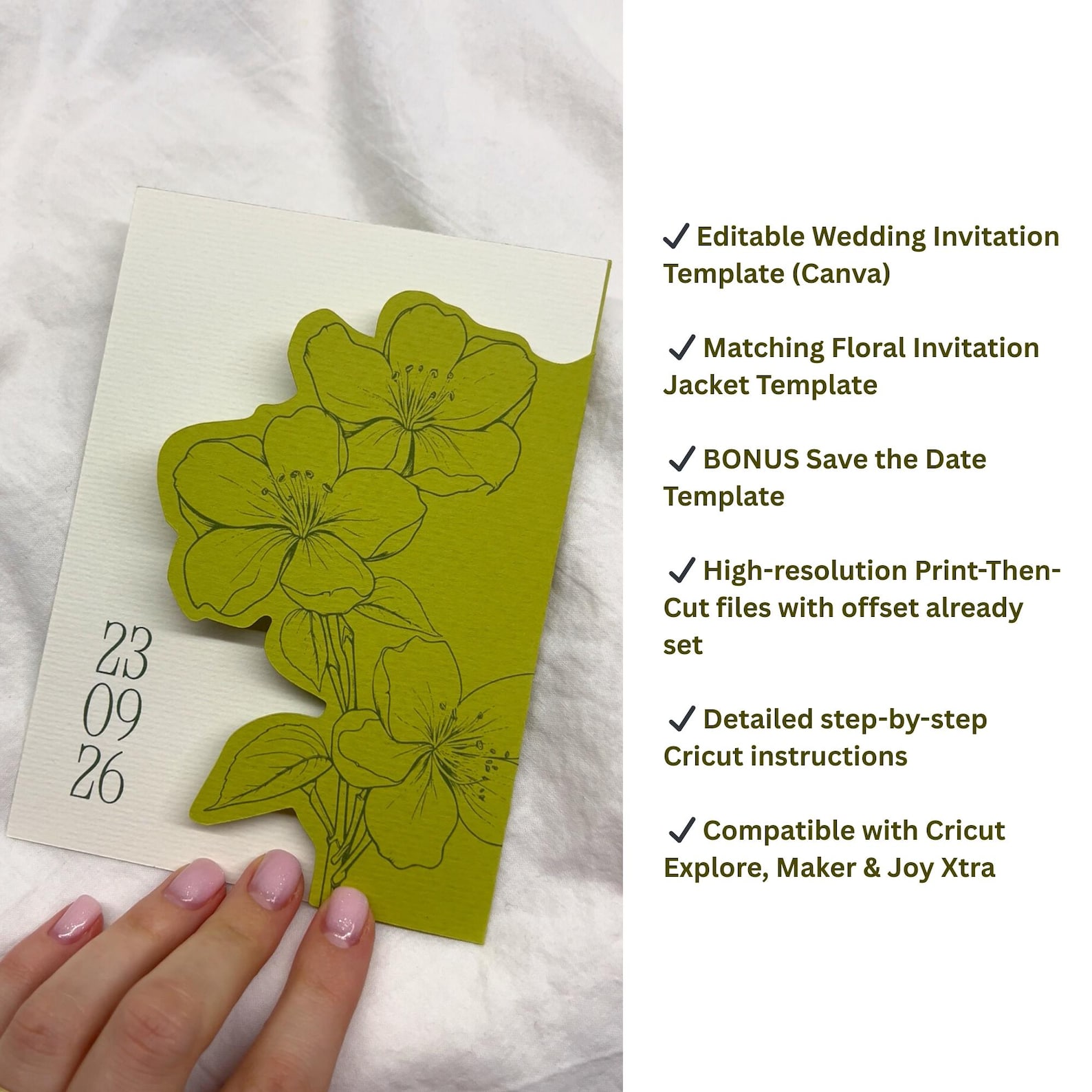 Green Blossom Wedding Invitation & Jacket Template | Cricut Print Then ...