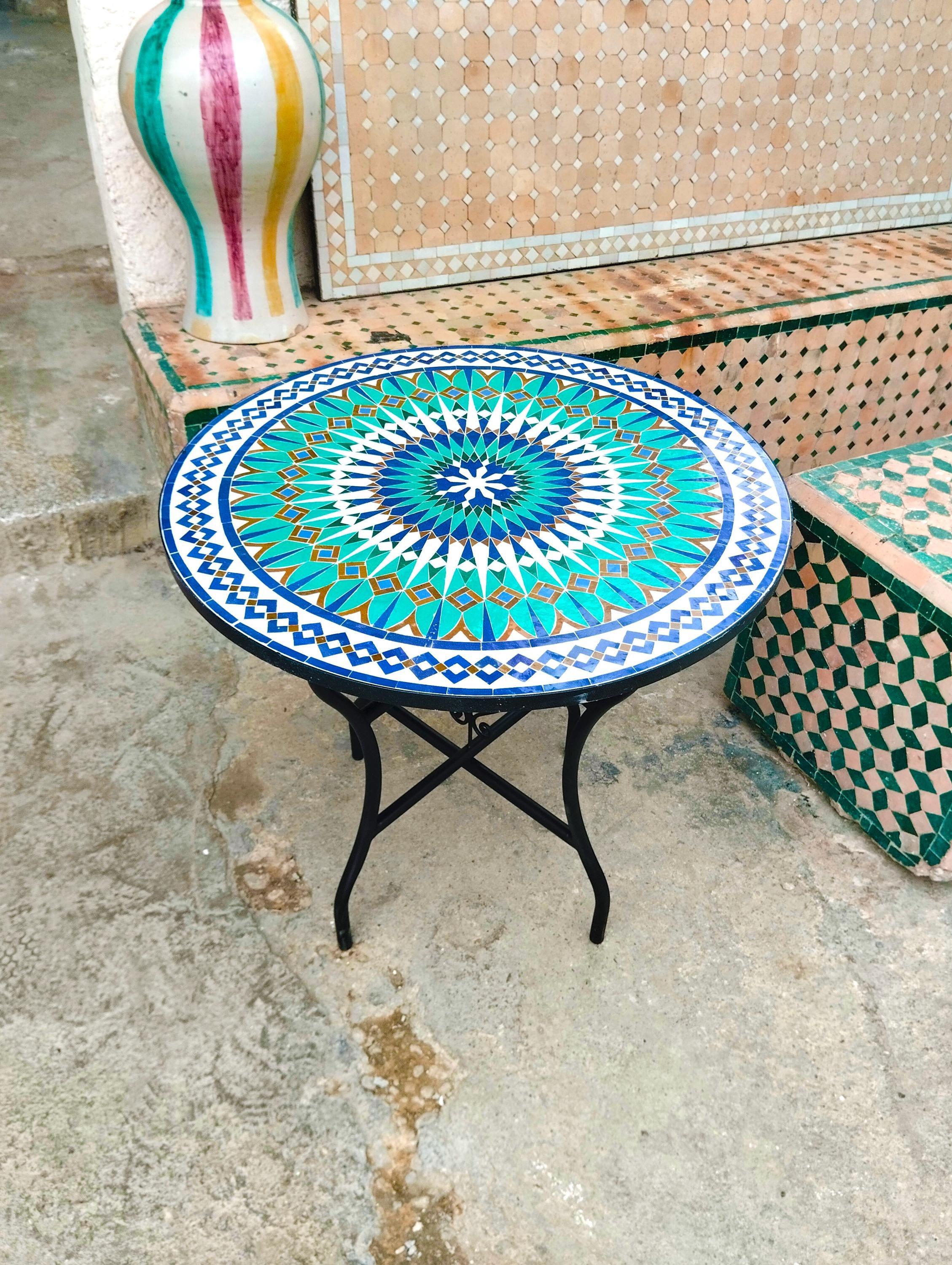 Hand-assembled Tile Table | Round Moroccan Mosaic Outdoor Art - Etsy