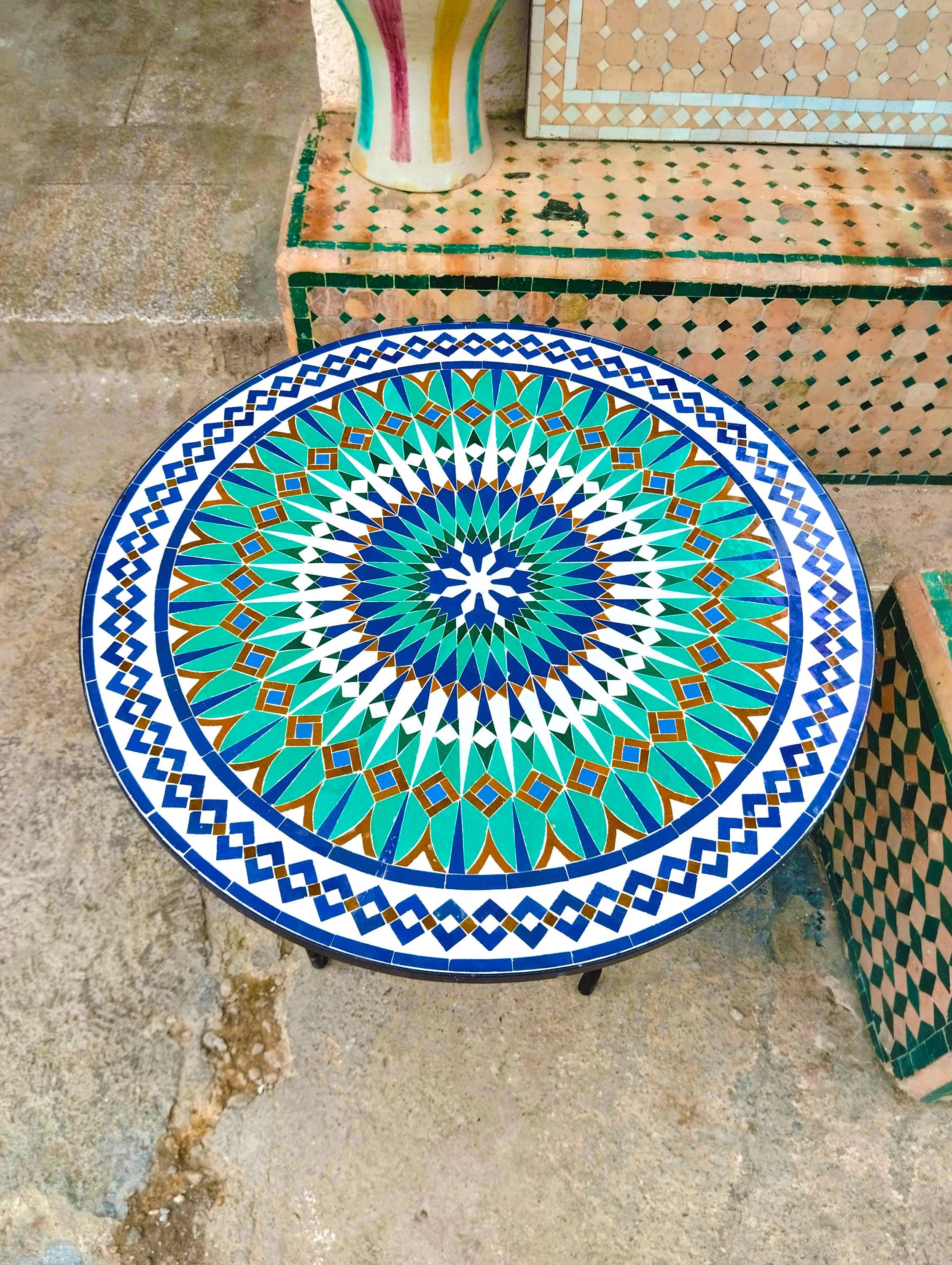 Hand-assembled Tile Table | Round Moroccan Mosaic Outdoor Art - Etsy