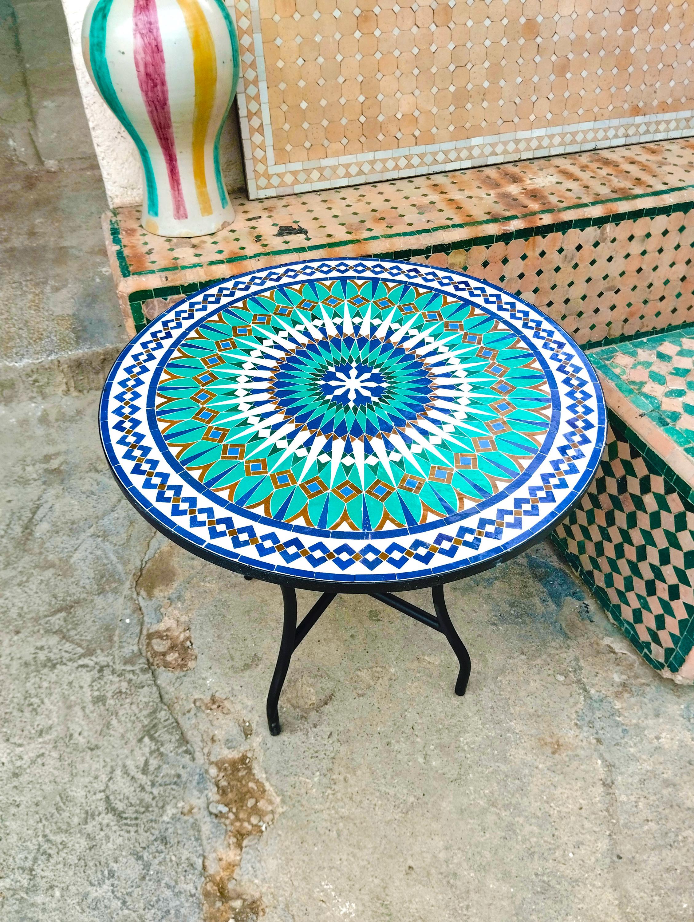 Hand-assembled Tile Table | Round Moroccan Mosaic Outdoor Art - Etsy