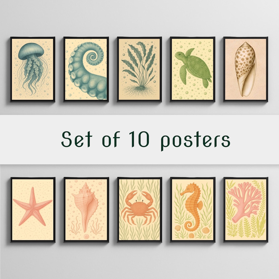 Sea Creatures Posters Set of 10, Turtle Poster, Jellyfish Poster, Coral ...