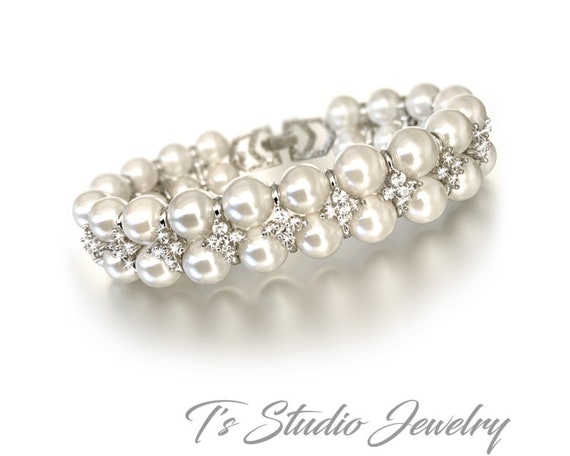 2 strand CZ Cubic Zirconia Crystal and Pearl Bridal Wedding Bracelet Pearl Wedding Jewelry Etsy