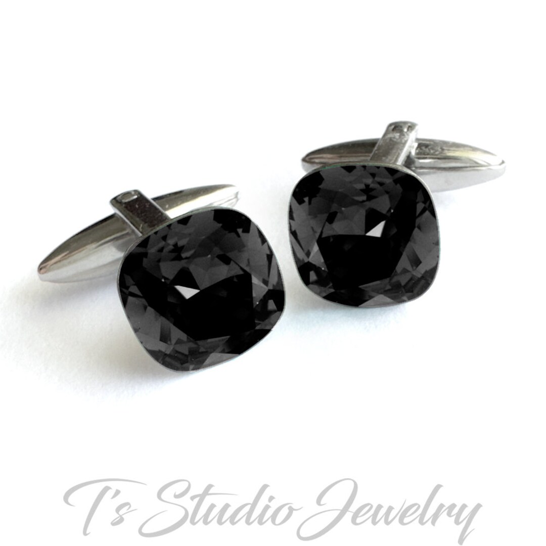 Swarovski Jet Black Crystal Cushion Cut Cufflinks - Black and Silver ...