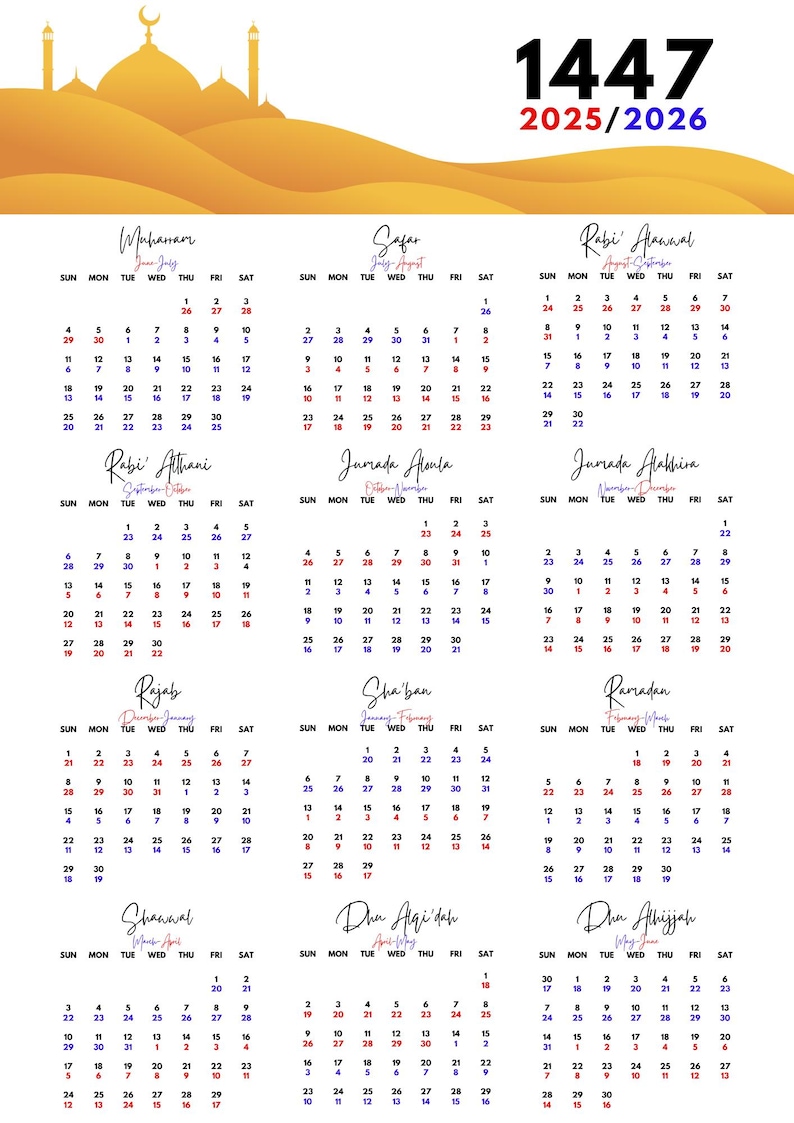 Hijri Calendar 1447 – Hijri Islamic Calendar, One Page Islamic New Year ...