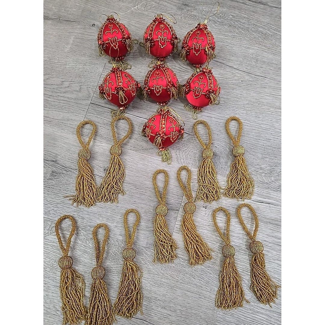 Vintage MCM Beaded Red Satin Christmas Holiday Ornaments Sequined Balls ...